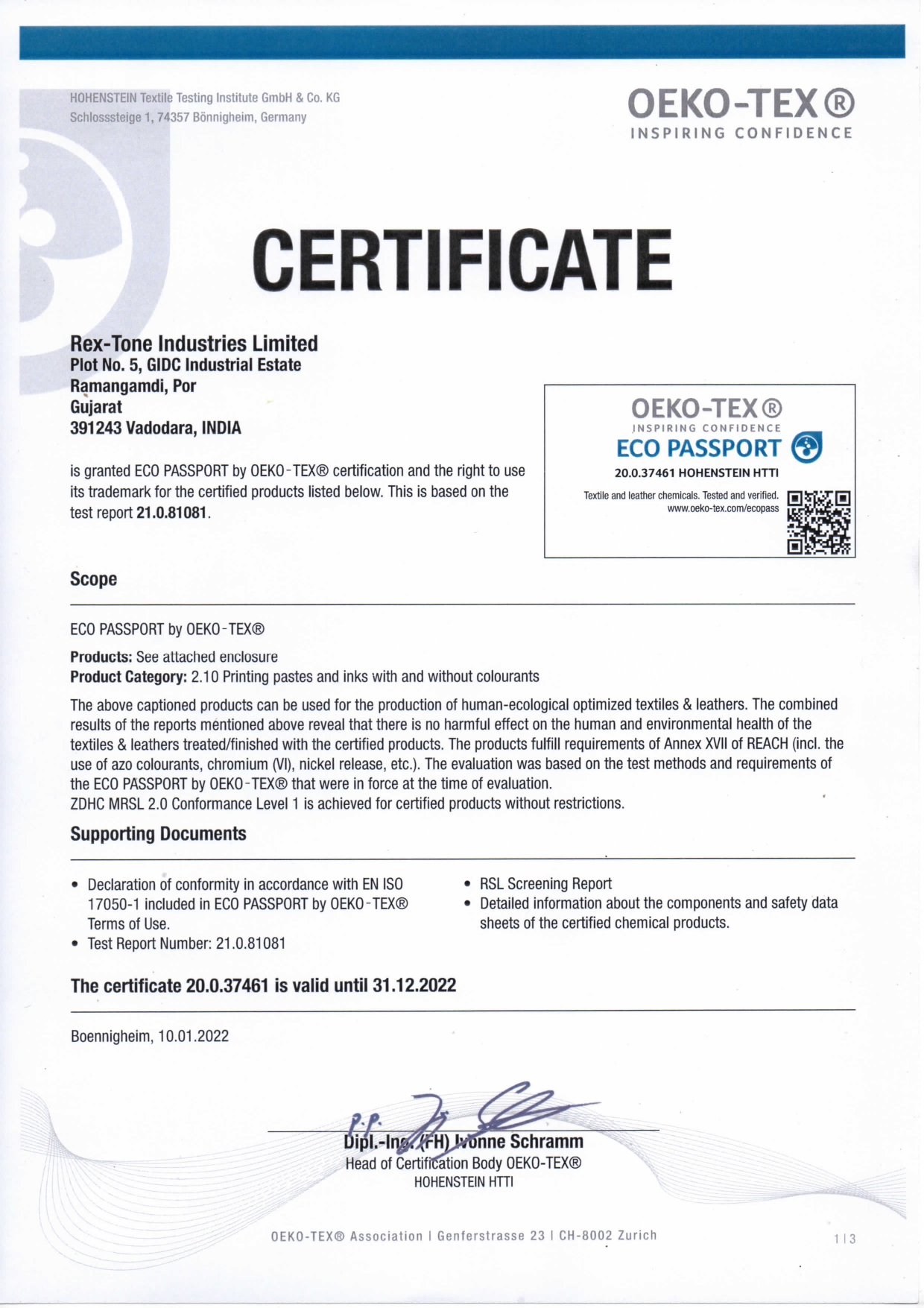 OEKO-TEX Certificate Rex-Tone ( ATinks ) - Atinks